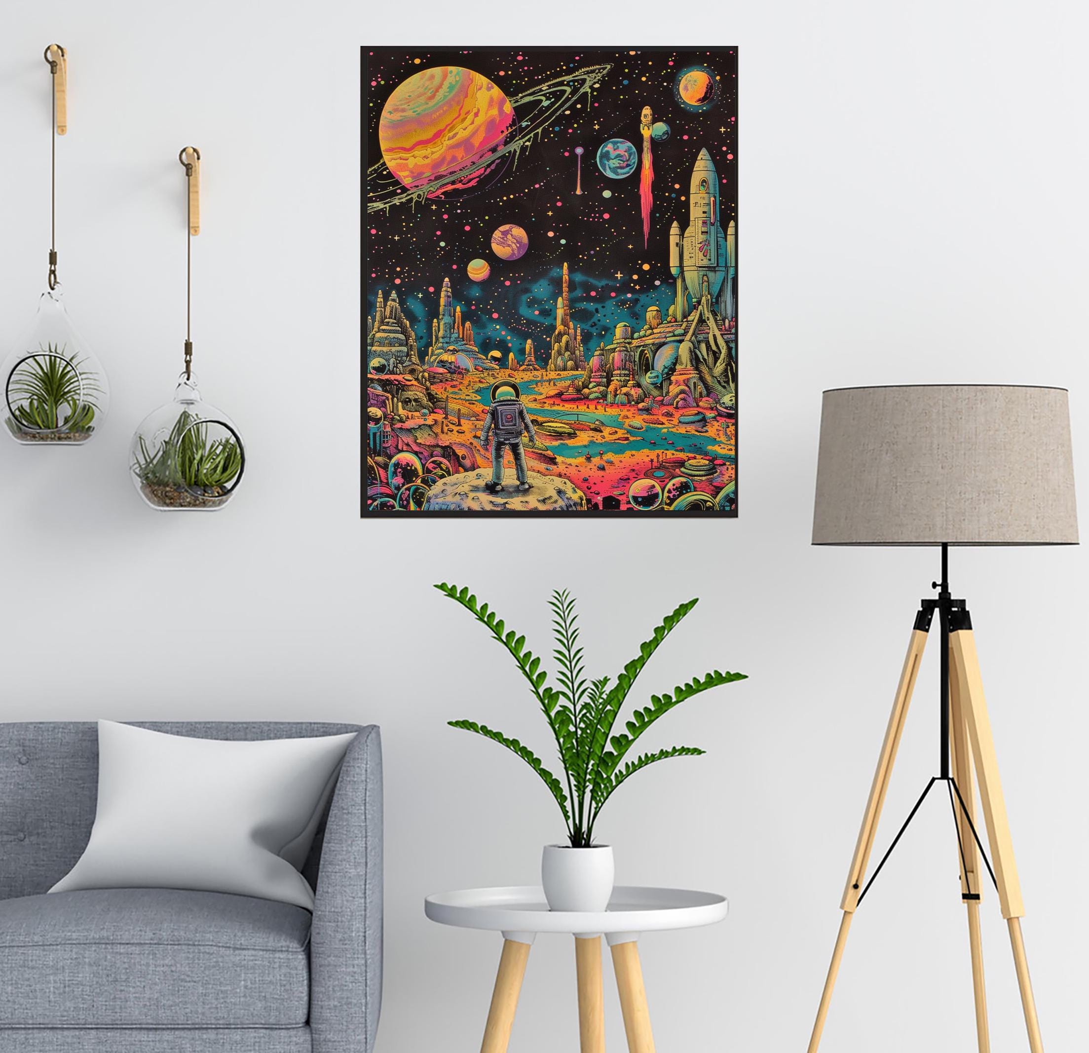 Retro Psychedelic Space Art, Trippy Astronaut Exploring Colorful Alien Planets | Vibrant Cosmic ...