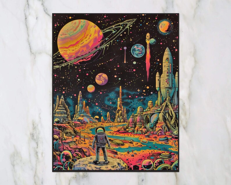 Retro Psychedelic Space Art, Trippy Astronaut Exploring Colorful Alien ...
