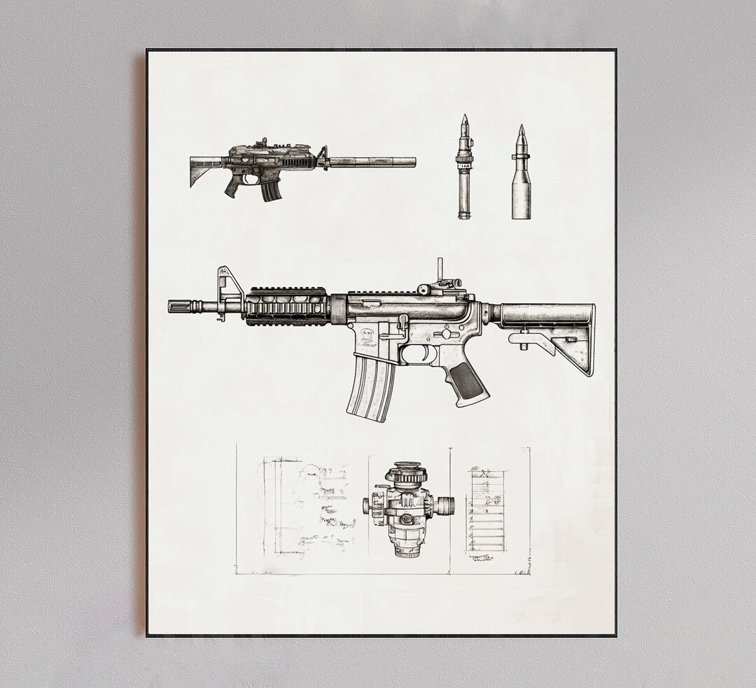 M16 Blueprint Gun Art Prints, Gun Military Decor, Home Office Wall Art ...