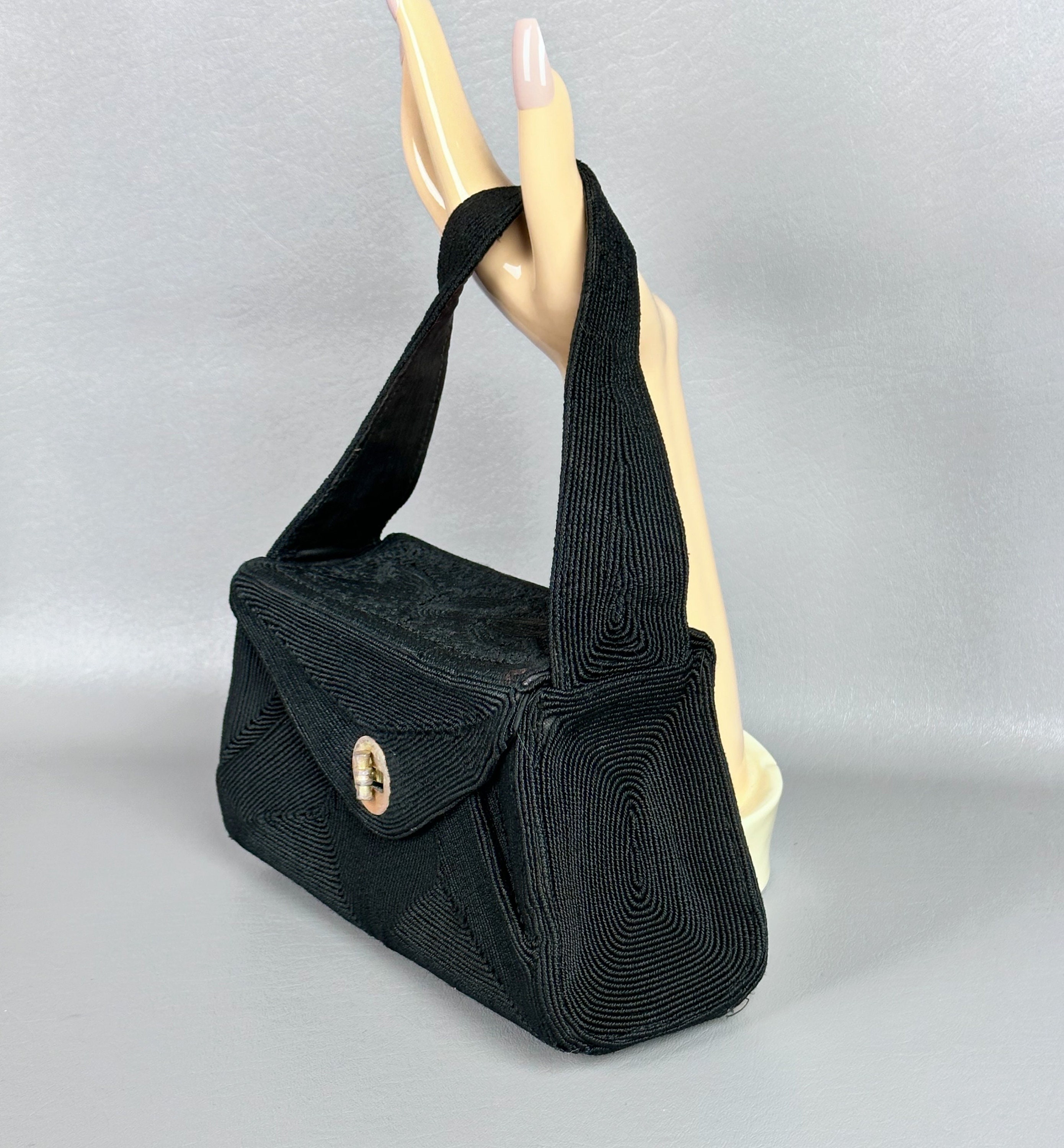 Vintage 1950s Black Corde Box Style Handbag - Etsy