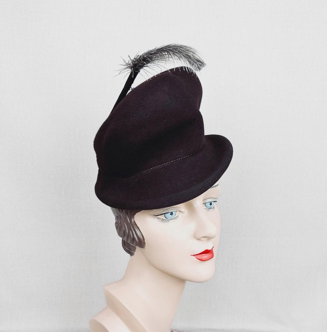 Vintage 40s Brown Felt Toy Tilt Chimney Crown Feather Hat - Etsy