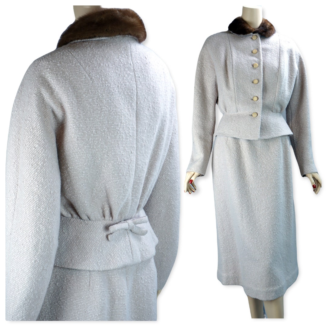 60s Beige Nubby Wool Suit With Mink Collar, B38 W26 - Etsy