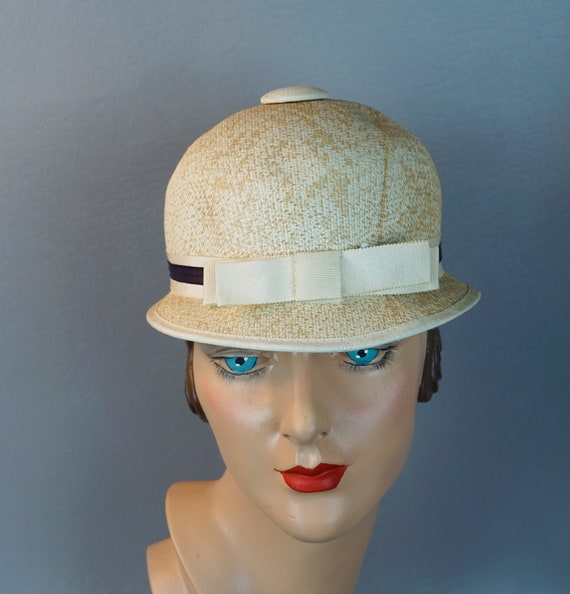 Vintage 60s Beige Straw MOD Hat, Cap, Patty Duke Teen… - Gem