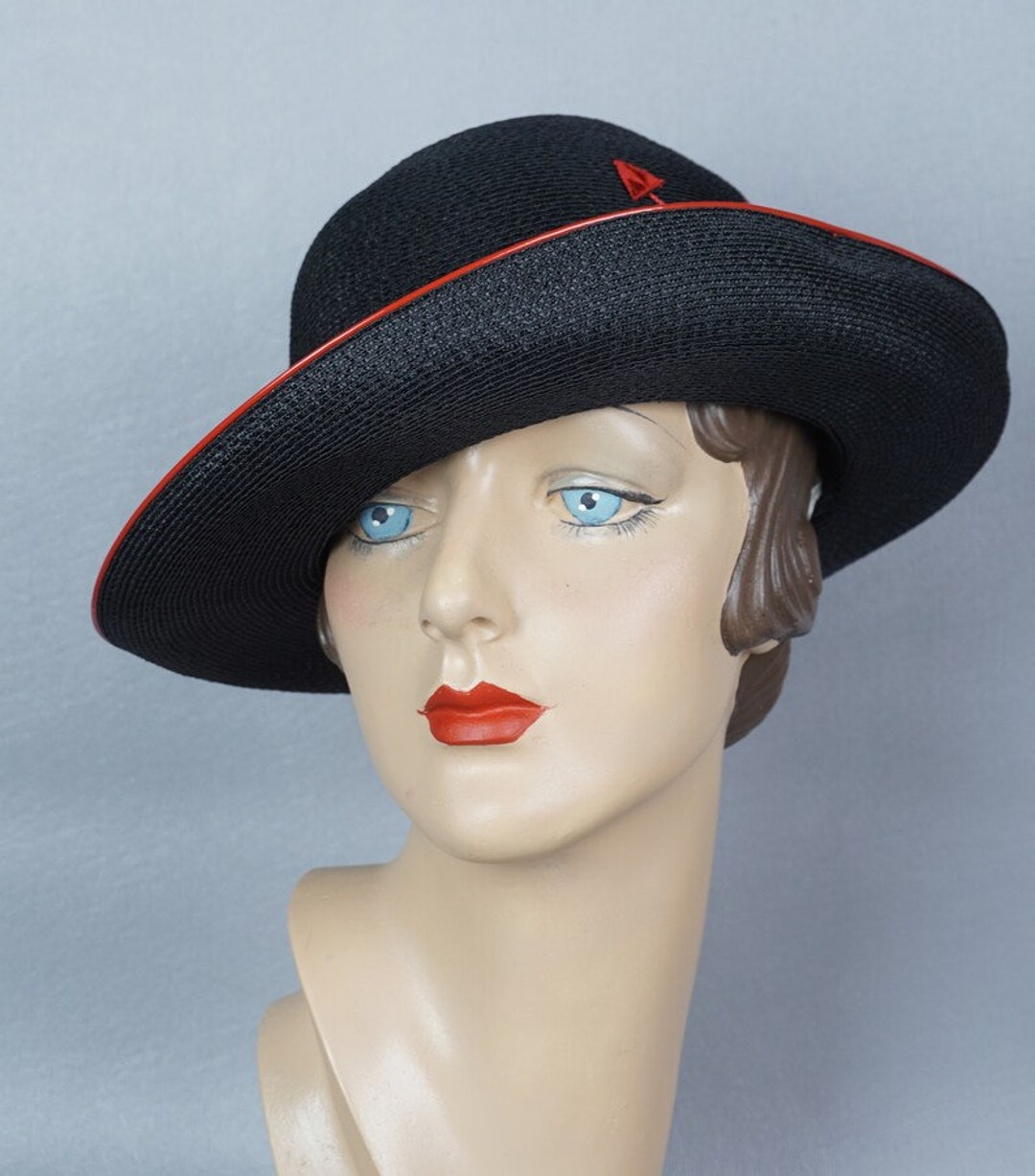 Vintage 80s Black and Red Straw Fedora Hat by Adolfo II - Etsy