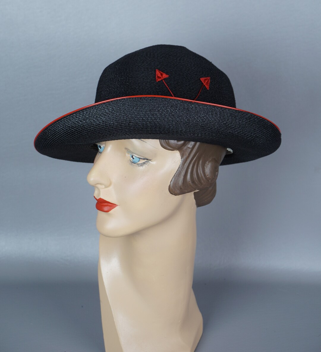 80s Black and Red Straw Fedora Hat by Adolfo II, Sz 21 - Etsy