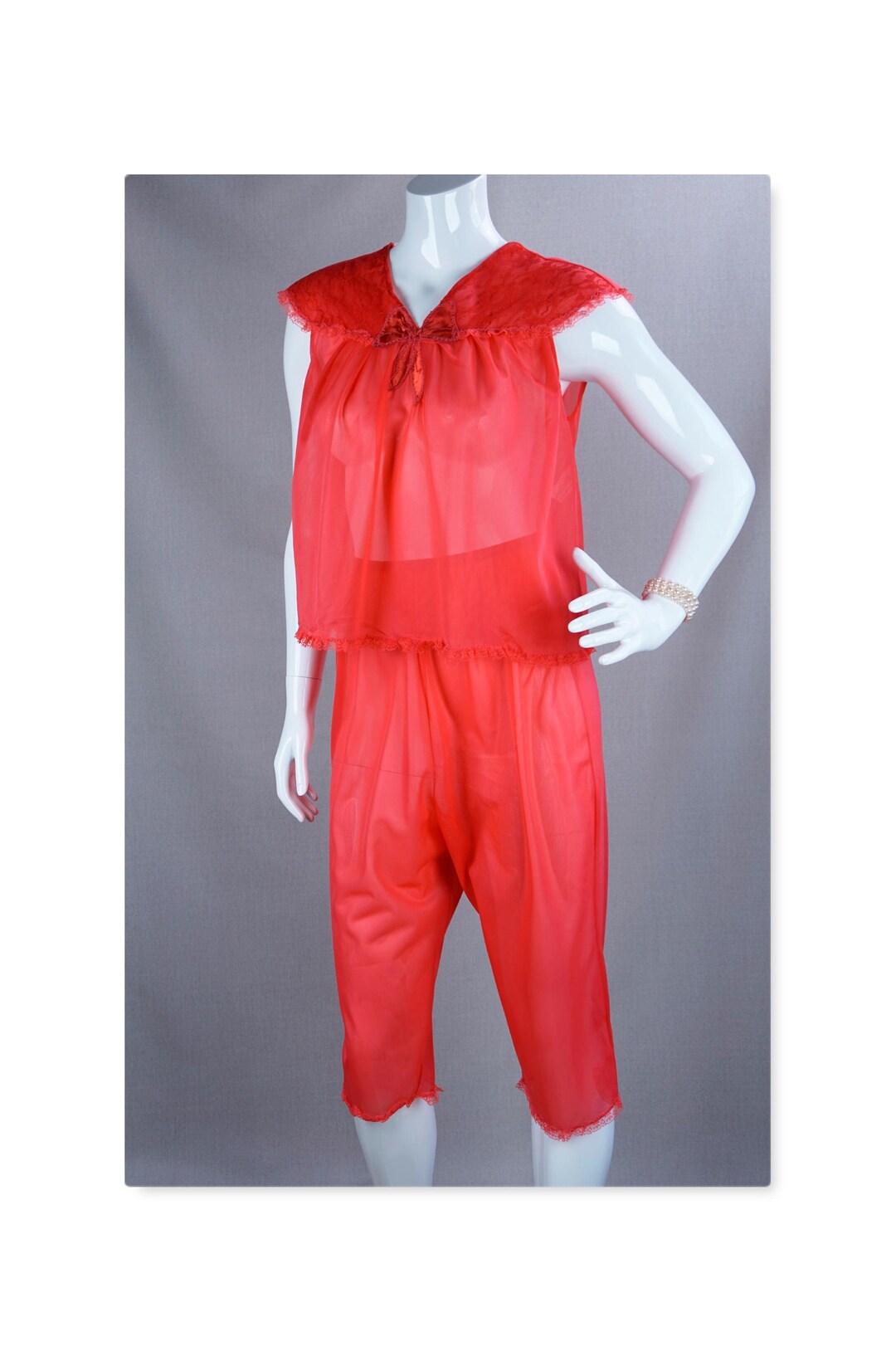 Vintage 60s Deadstock Red Nylon Lace Capri Pajamas by Movie Star, Sz 36 ...
