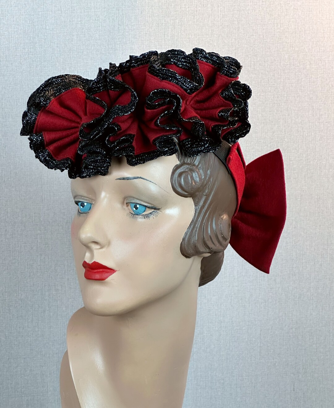 Vintage 1940s Dark Red Felt Ruffled Tilt Hat With Back Bow and ...
