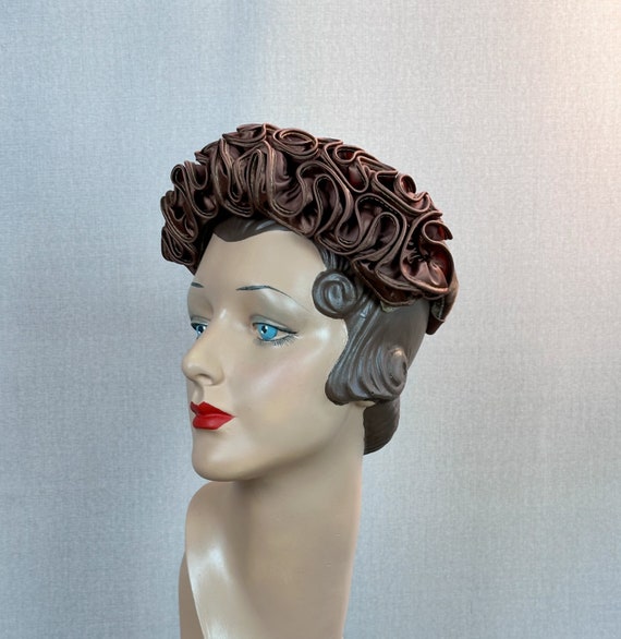 Vintage 1950s Brown Velvet and Satin Ruffle Close Hat - Gem