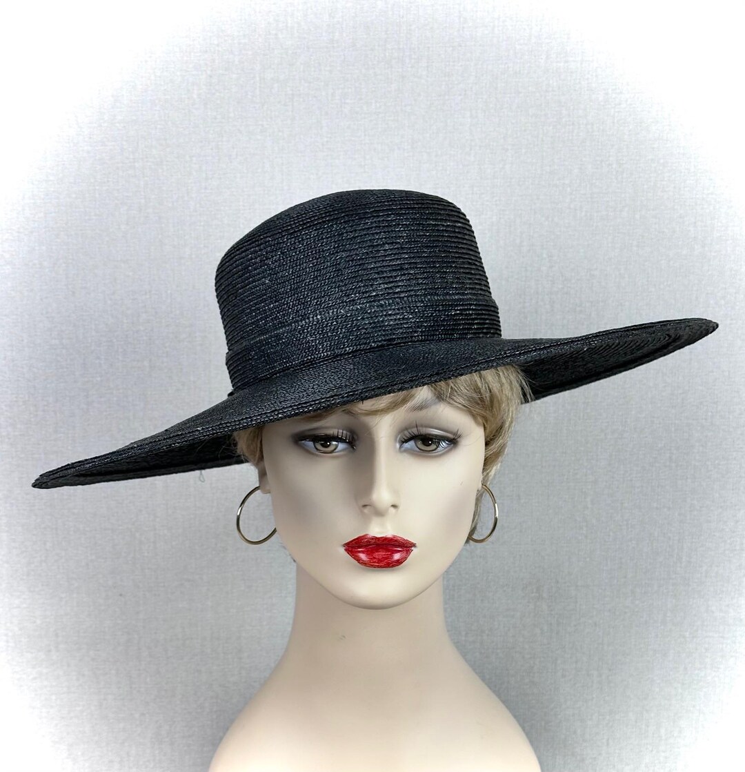 Vintage 60s Black Straw Wide Brim Picture Hat by Frank Olive, Bonwit ...