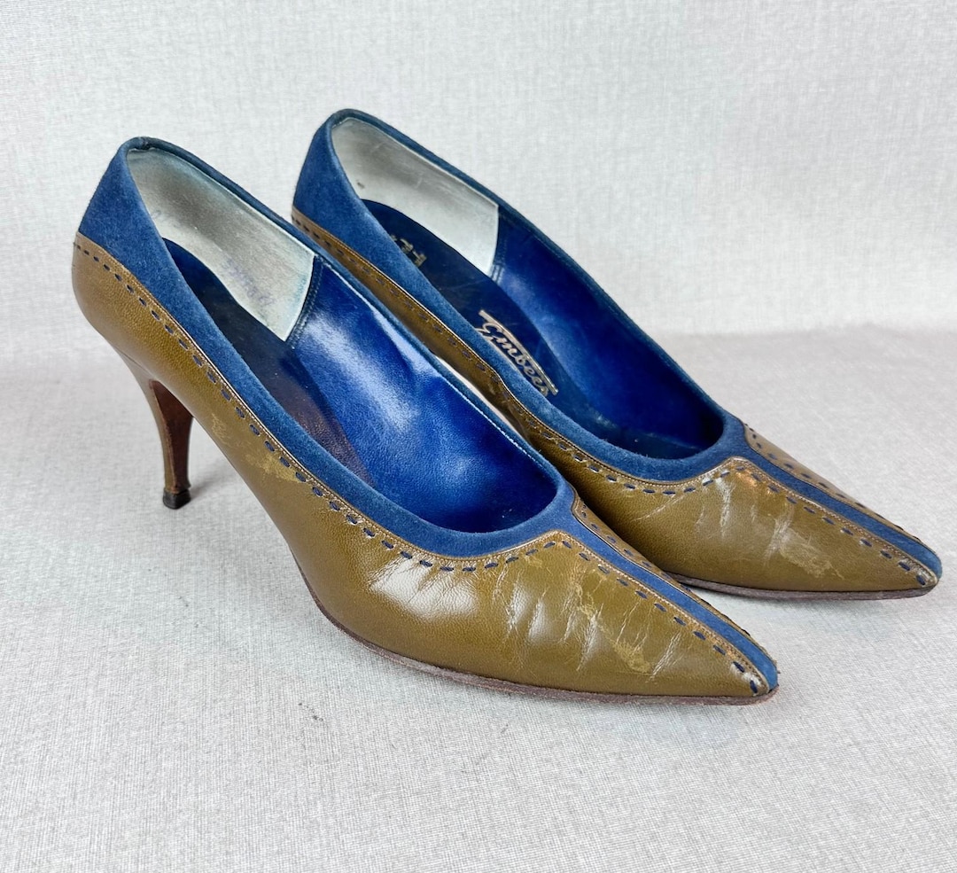 Vintage 1960s De Angelo Stiletto Heels: Olive Green Leather & Blue ...