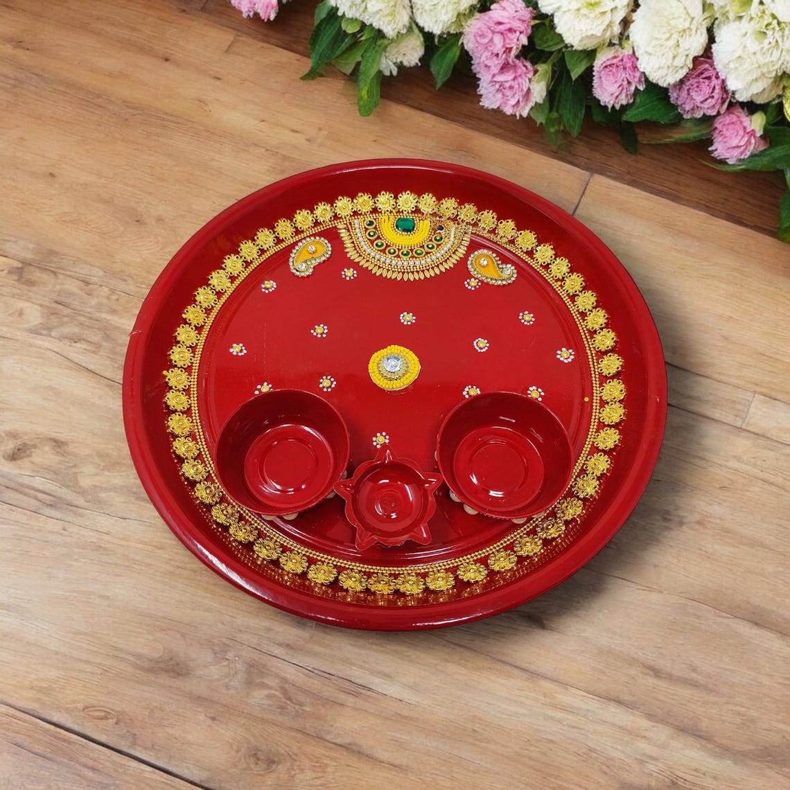 10.5 Hand Painted Decorative Pooja Thali With Diya Ganesh Pooja Diwali ...