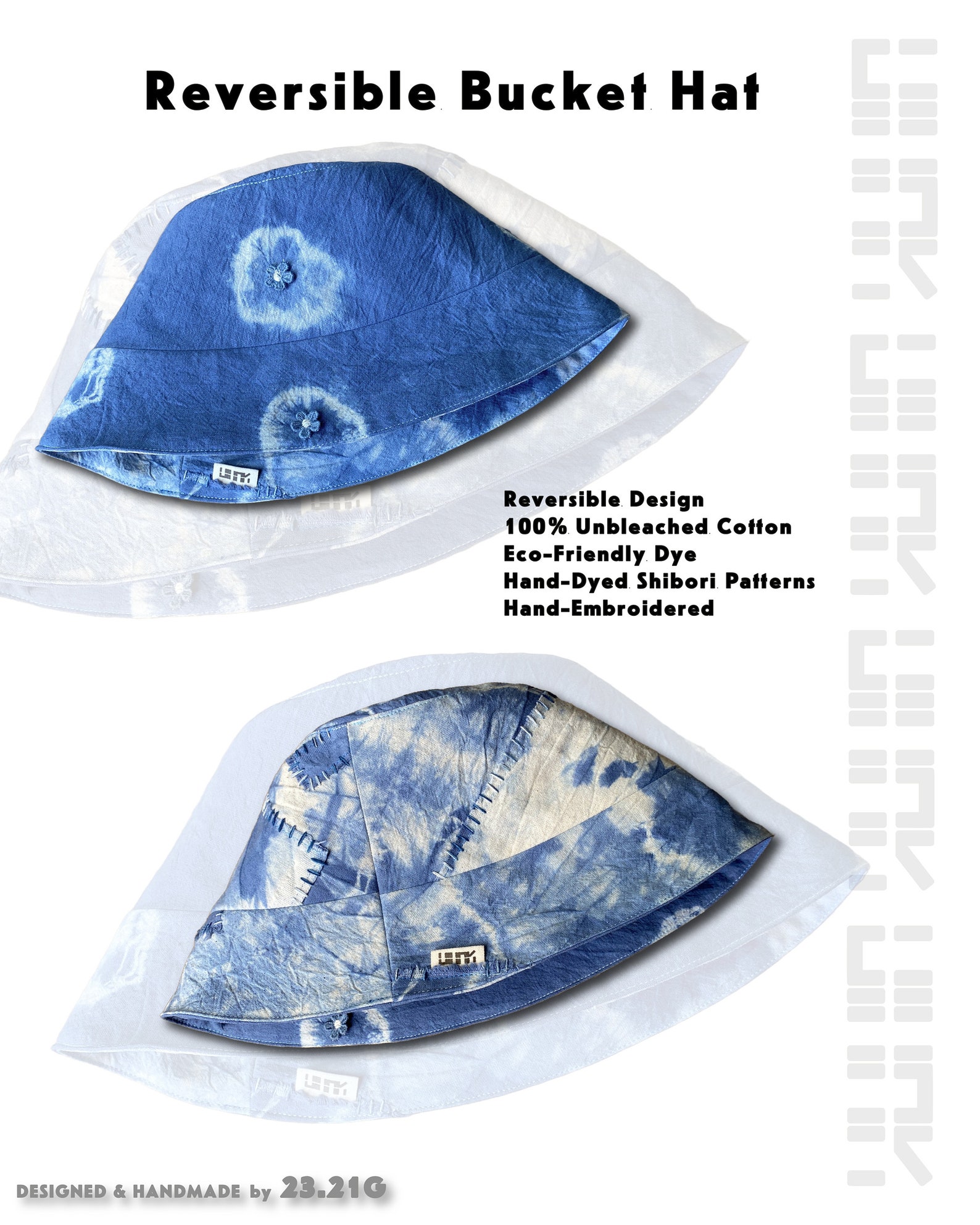 REVERSIBLE Japanese Shibori Bucket Hat Hand-dyed 100% Cotton With Hand ...