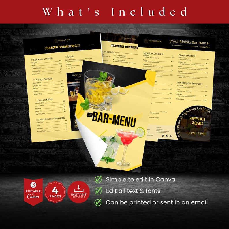 Editable Mobile Bar Price List & Drink Menu Template in Canva Printable ...