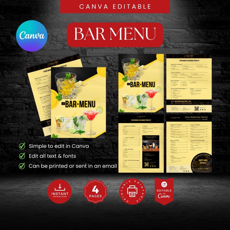 Editable Mobile Bar Price List & Drink Menu Template in Canva Printable ...