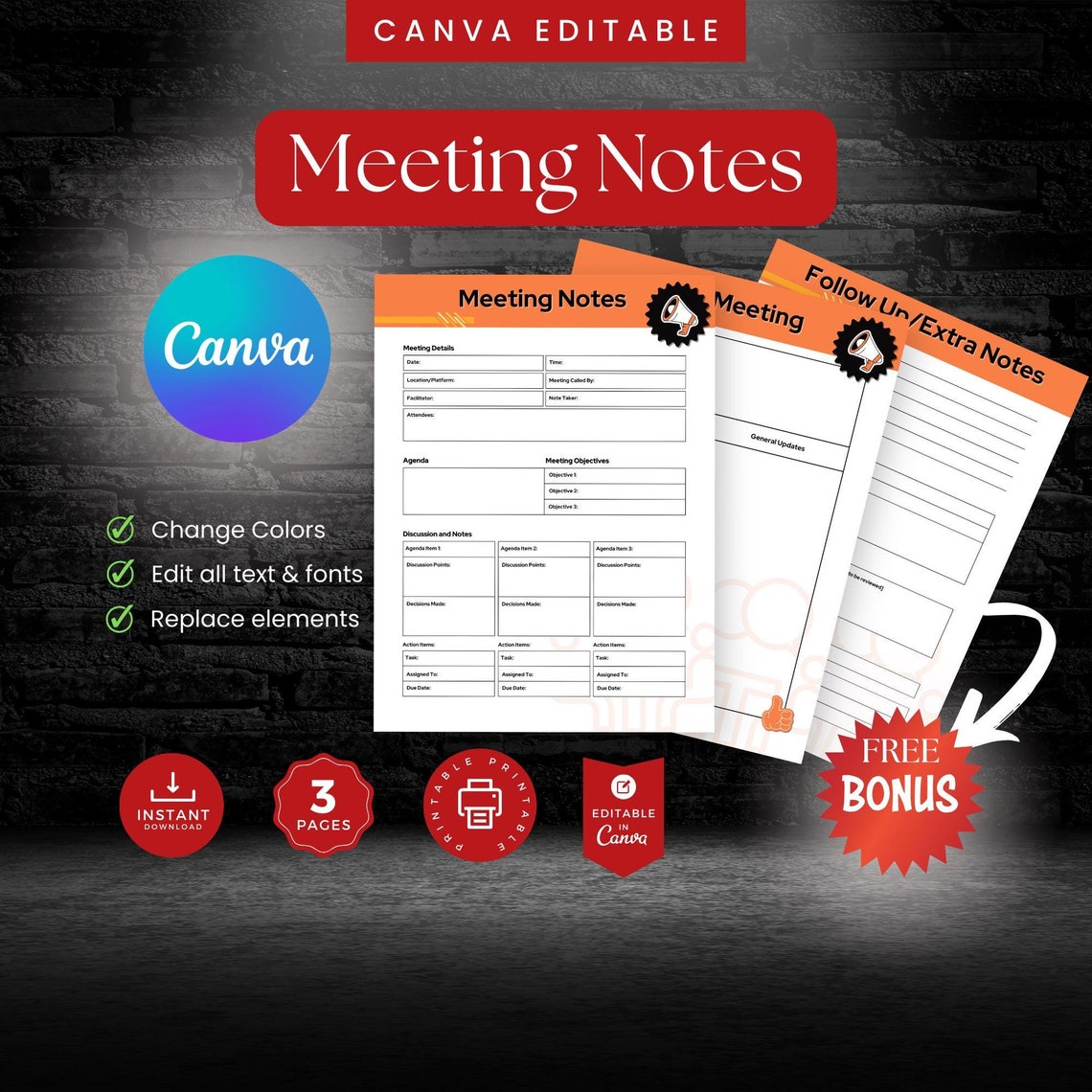 Editable Meeting Notes Template for Canva Modern Minimalist Printable ...