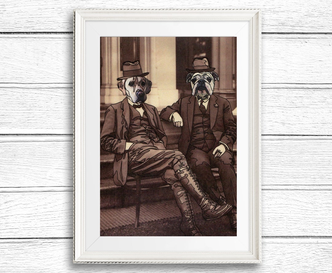 Vintage Gentleman Dogs Digital Art, Yellow Lab English Bulldog ...