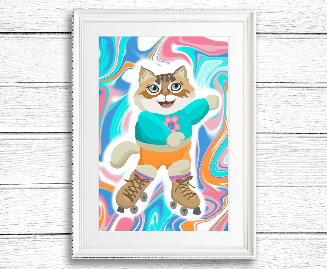 Cute Cat Art, Kid Room Roller Skating Cat Printable, Cat Nursery Decor ...