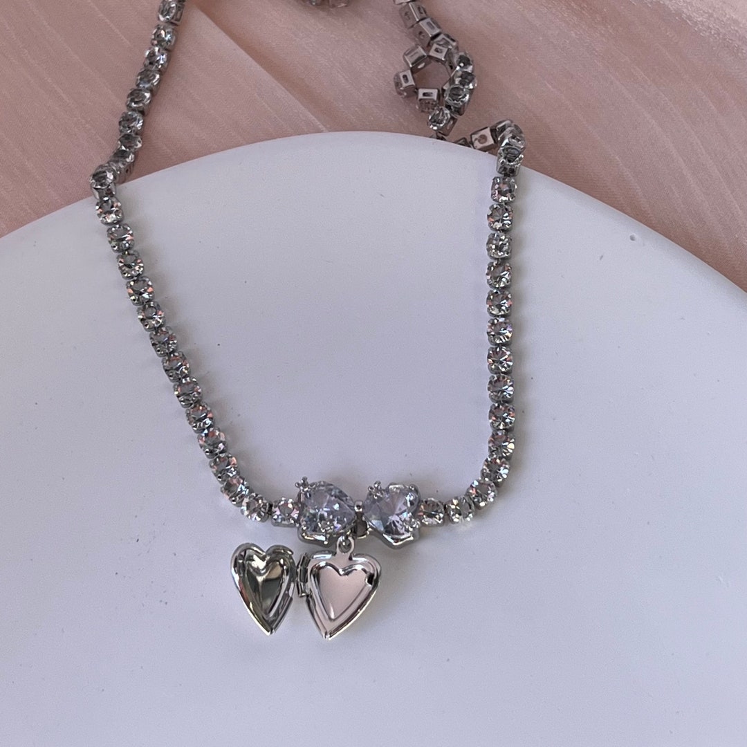 Coquette Heart Locket Necklace, Silver Bow Knot Heart Choker ,crystal ...