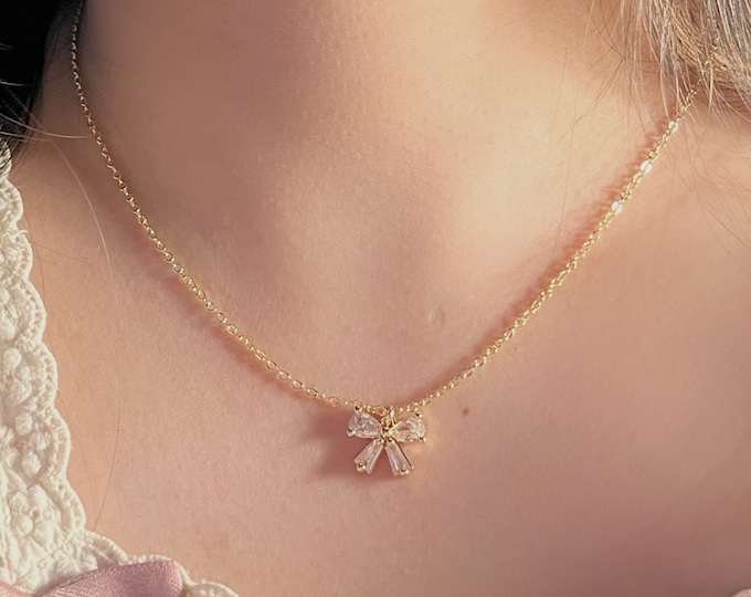 Dainty Gold Bow Necklace, Princess Necklace, 14k Gold Plated Bow ...
