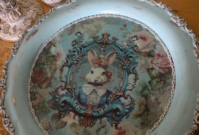 Vintage Rustic French Victorian Rabbit Display Silver Round Tray ...
