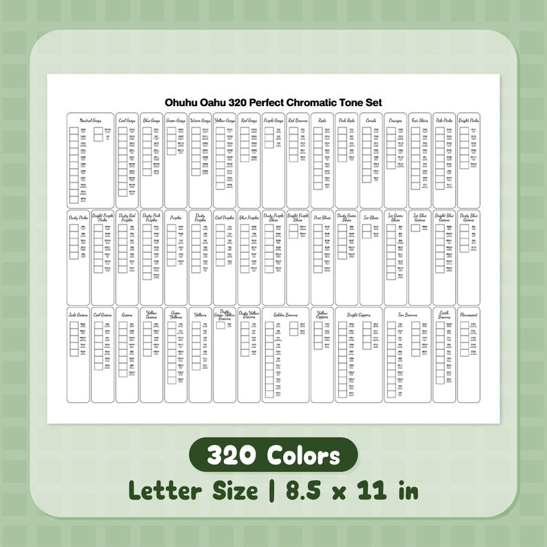 Ohuhu Oahu 320 Color Swatch Chart Perfect Chromatic Tone Set | Blank ...