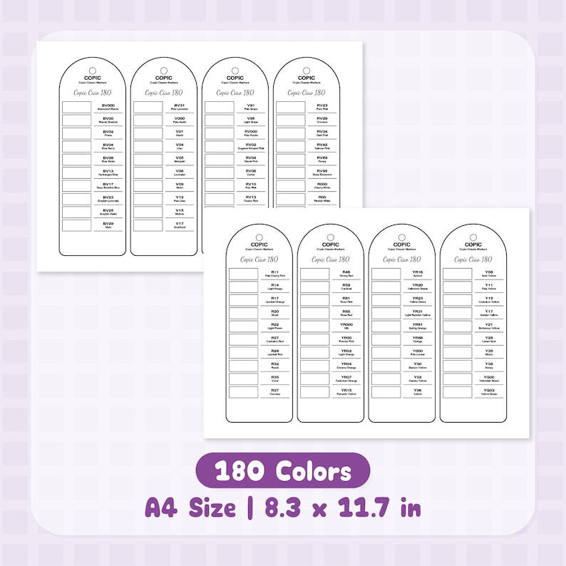 Copic Ciao 180 Color Family Swatch Card | Printable PDF | Blank | Color ...