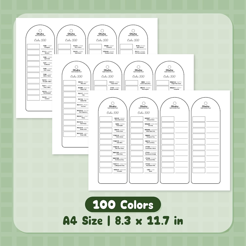 Ohuhu Oahu 100 Marker Swatch Chart | Blank Color Tracker for Alcohol ...
