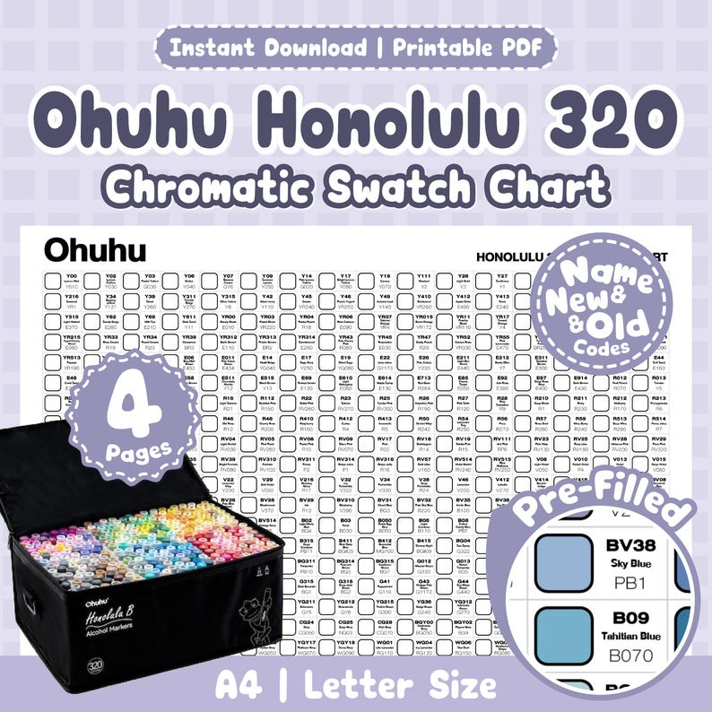 Ohuhu Honolulu 320 Color Swatch Chart | Pre-filled Marker Organizer for ...