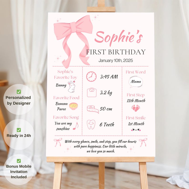 Pink Bow First Birthday Sign - Baby Girl Milestone Poster ...