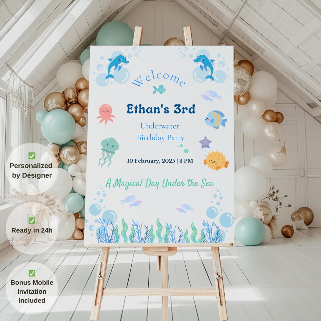 Underwater Birthday Sign - Ocean Animals Party Poster - Personalized ...