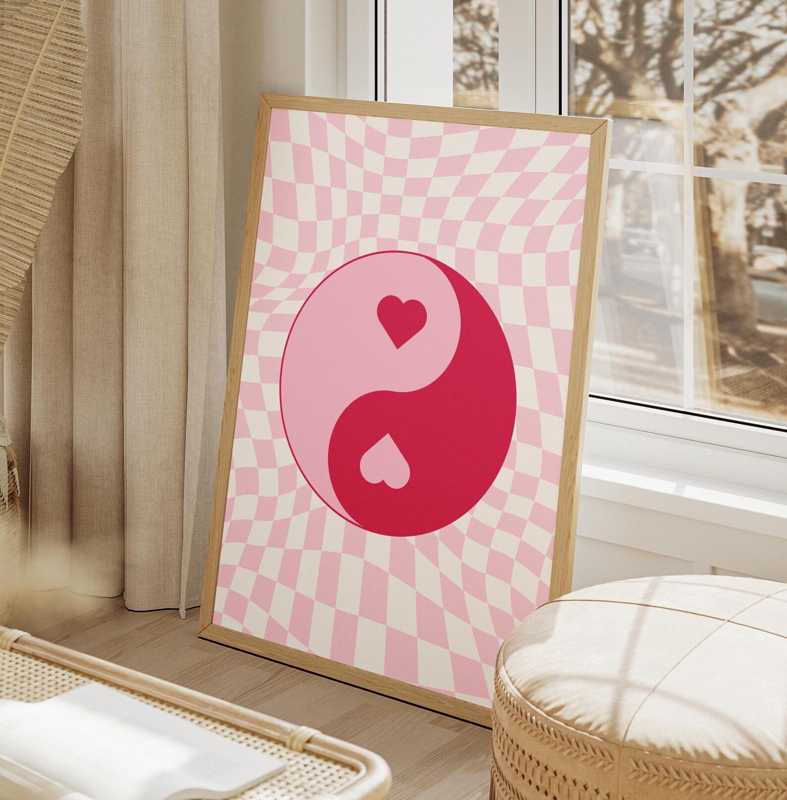 Checkered Yin Yang Printable Wall Art, Trendy Pink Aesthetic Poster ...