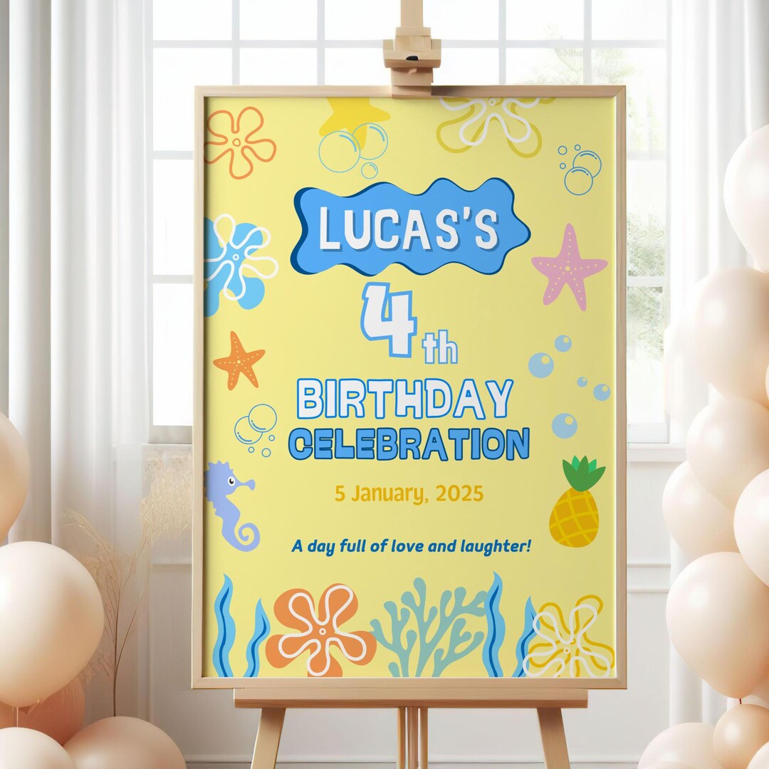 Spongebob Birthday Sign, Under the Sea Party Poster, Personalized Kids ...