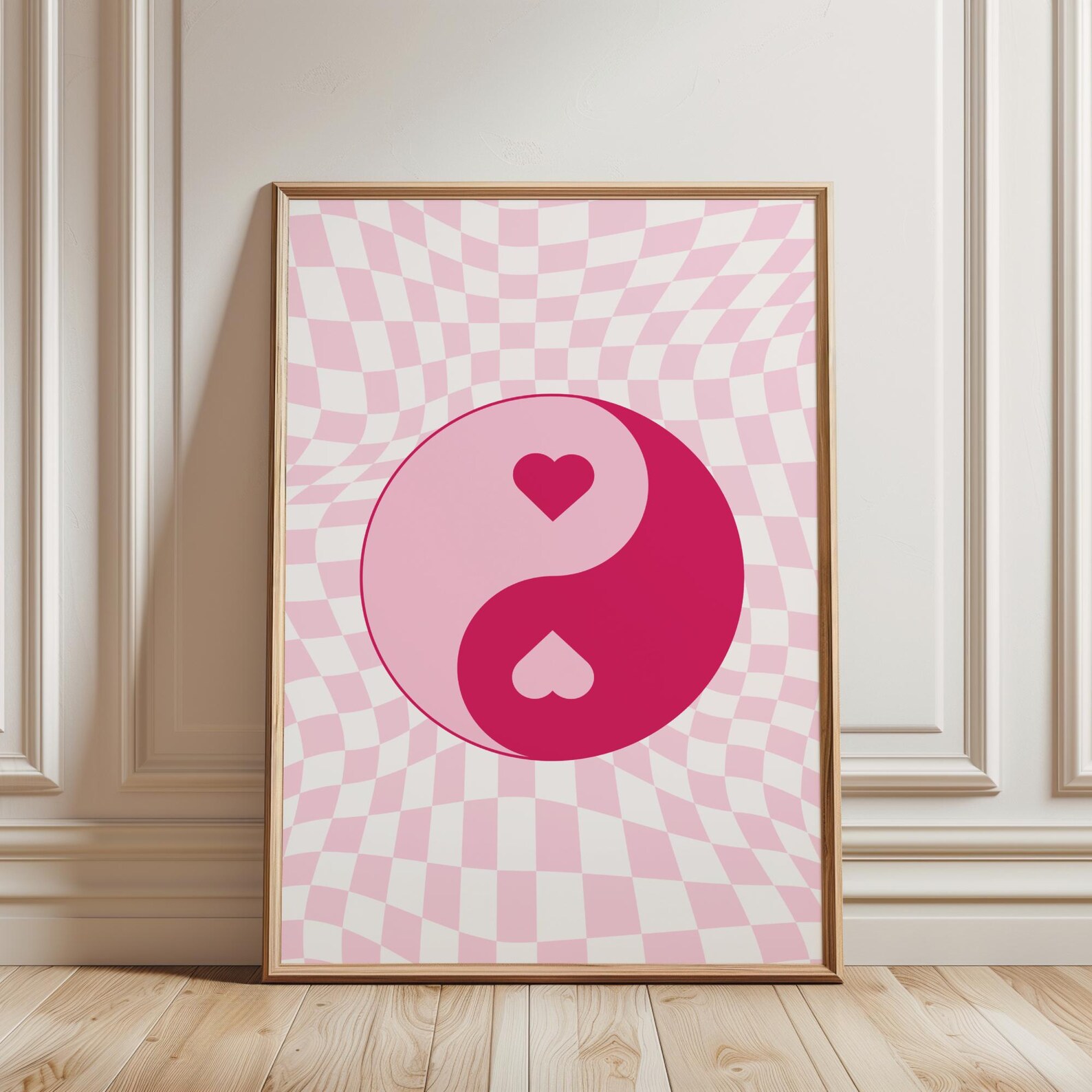 Checkered Yin Yang Printable Wall Art, Trendy Pink Aesthetic Poster ...