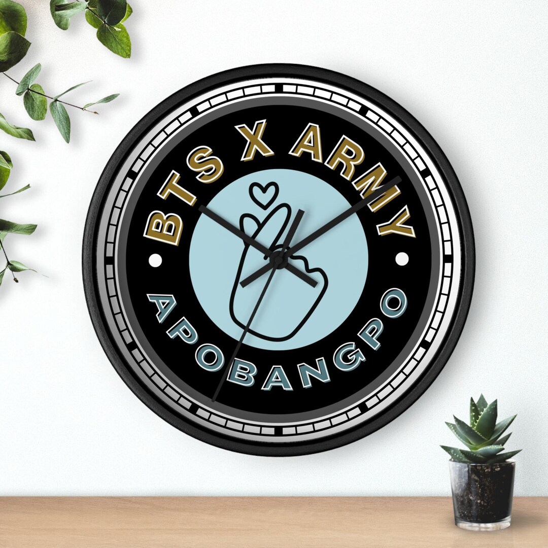 BTS Army Wall Clock, K-pop Finger Heart Blue Gold Round Logo Design ...