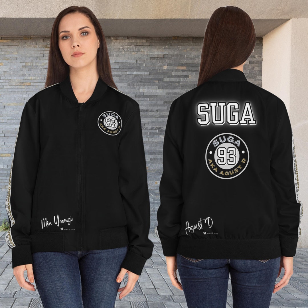 Black K-pop Bomber Jacket, BTS X Army Apobangpo SUGA Agust D Min Yoongi ...