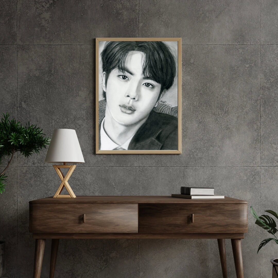 BTS JIN Kim Seokjin Print of Hand Drawn Charcoal Portrait on Satin or ...