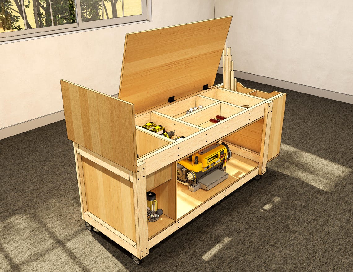 Rolling Workbench Plans, Hinged Lid Tool Storage, Lower Shelf, Side Bin ...