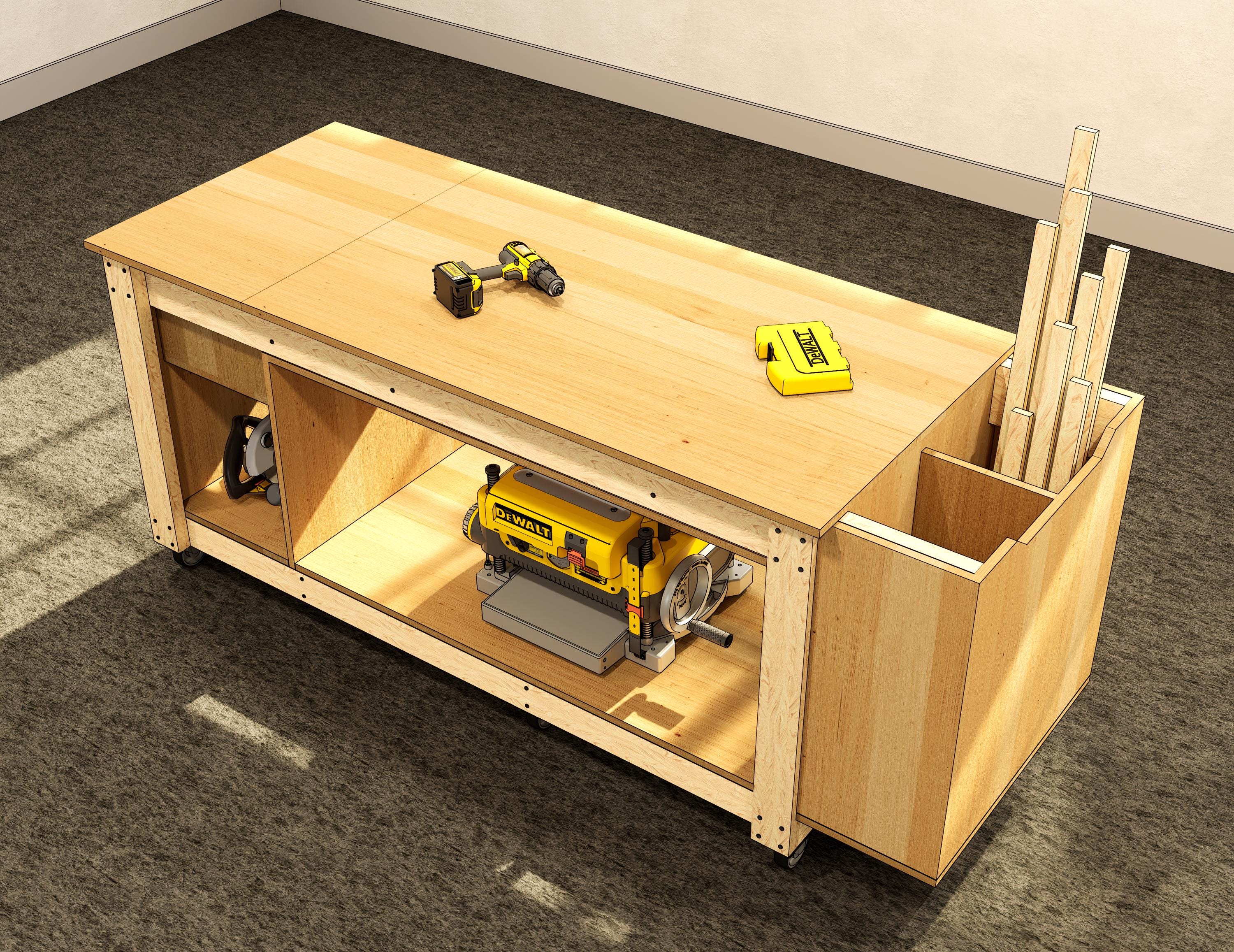 Rolling Workbench Plans, Hinged Lid Tool Storage, Lower Shelf, Side Bin ...