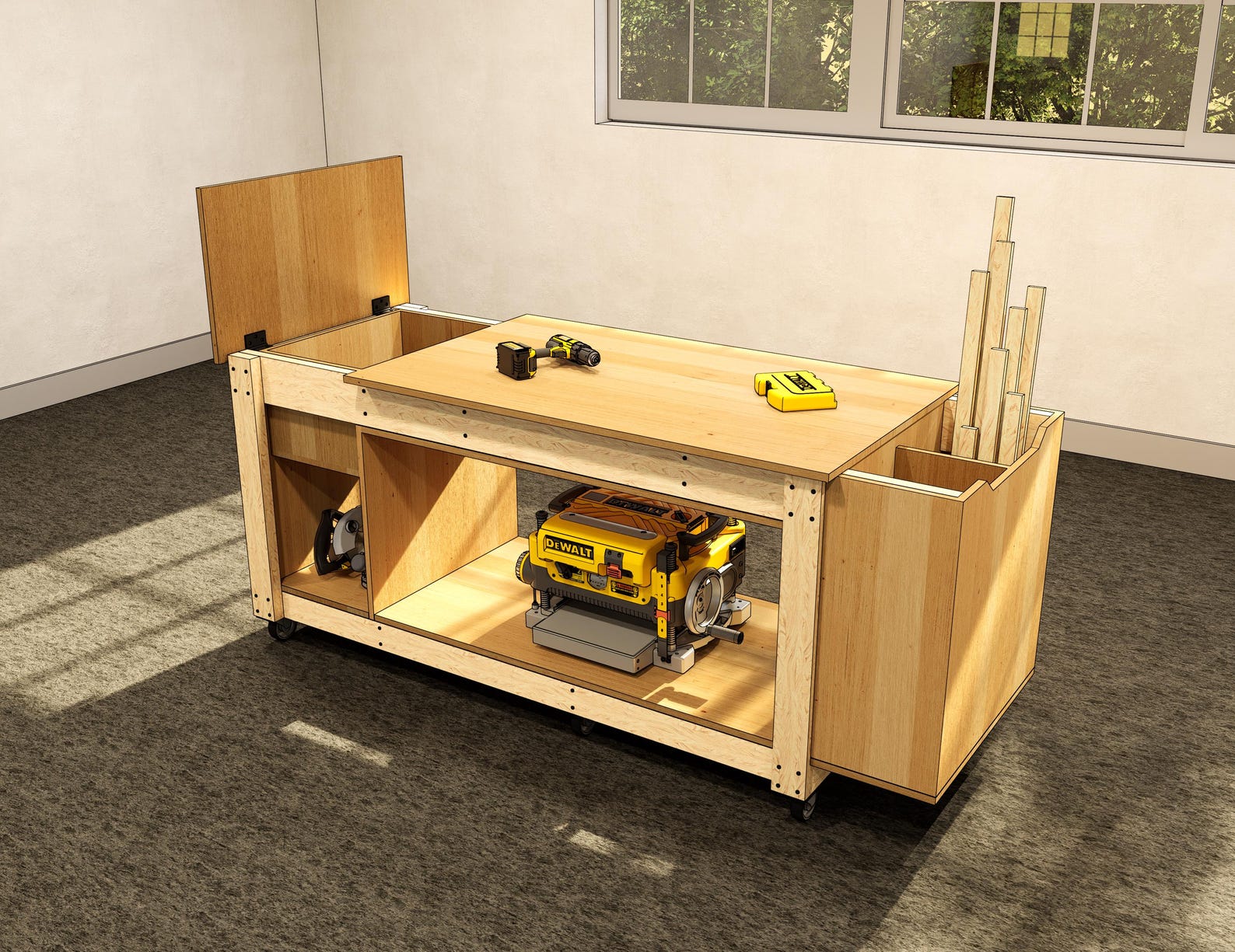 Rolling Workbench Plans, Hinged Lid Tool Storage, Lower Shelf, Side Bin ...