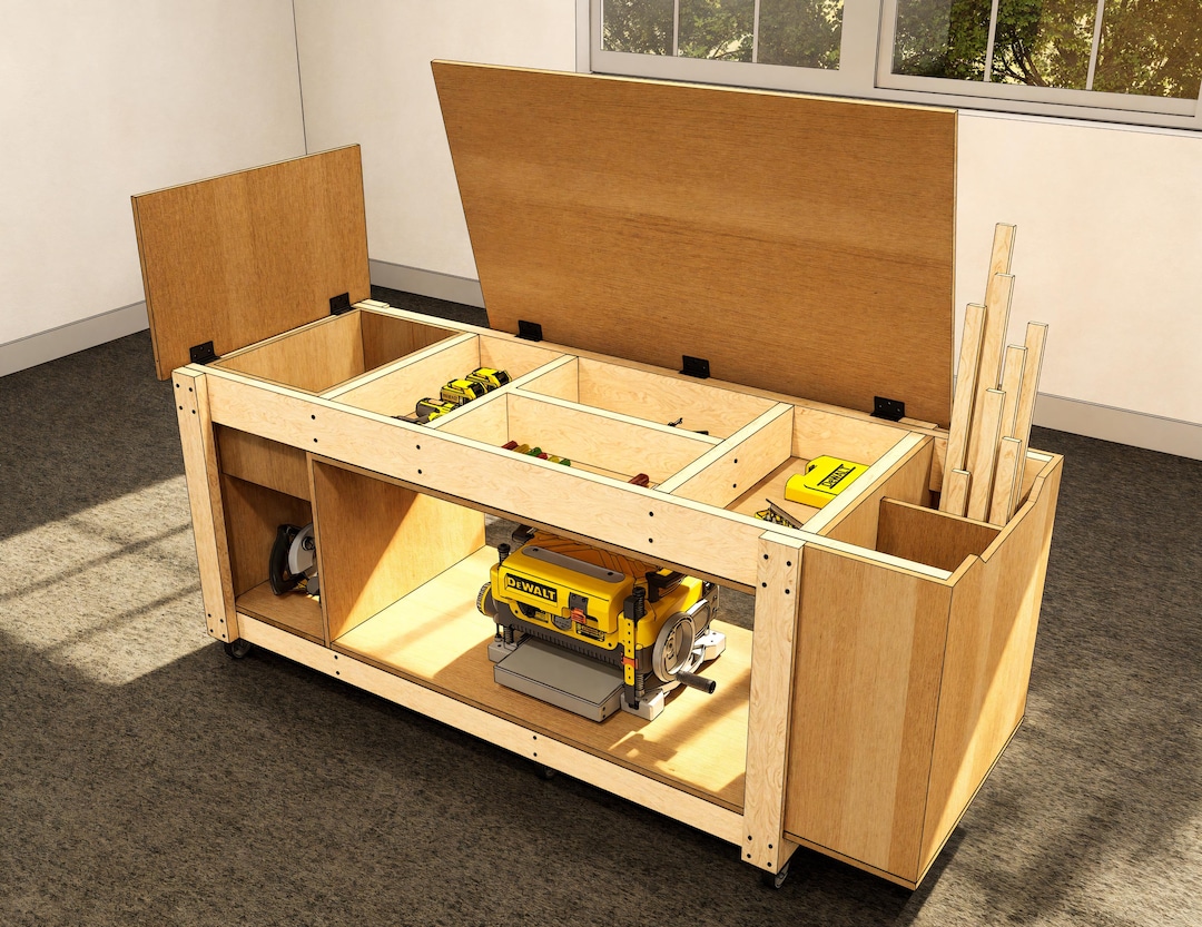 Rolling Workbench Plans, Hinged Lid Tool Storage, Lower Shelf, Side Bin ...