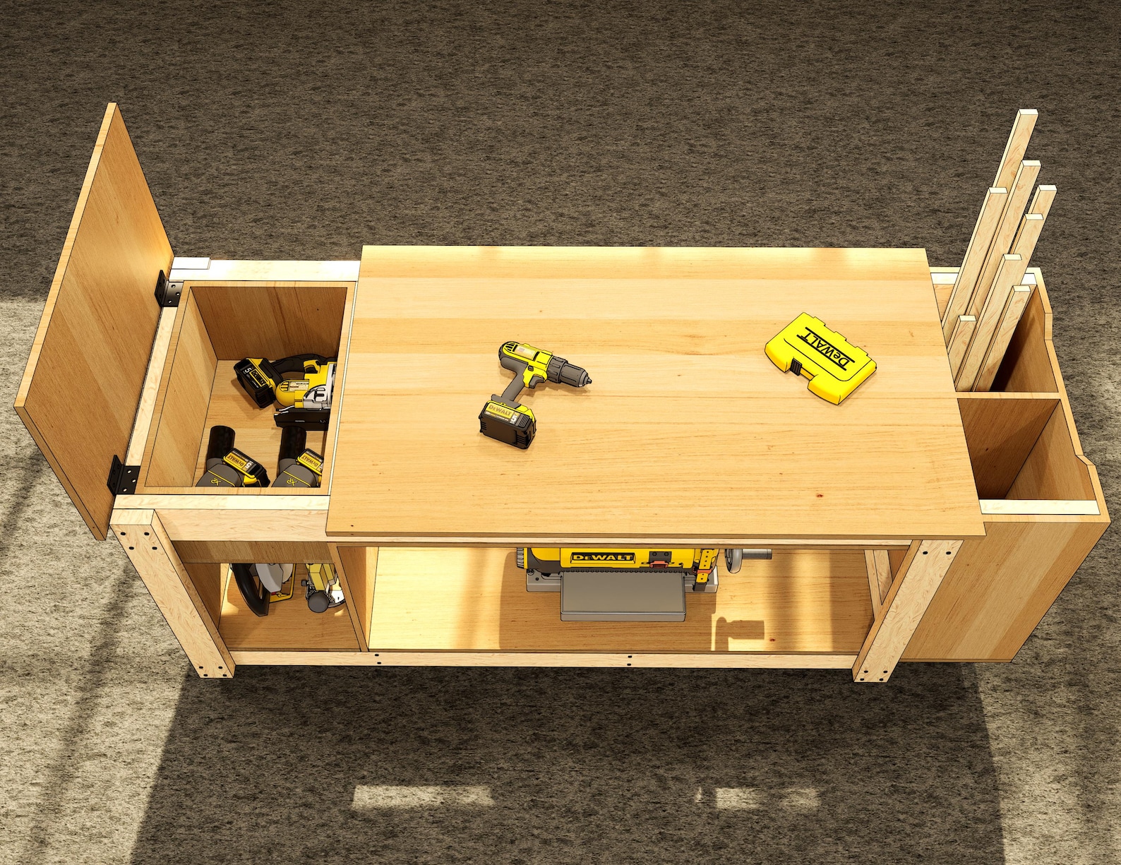 Rolling Workbench Plans, Hinged Lid Tool Storage, Lower Shelf, Side Bin ...