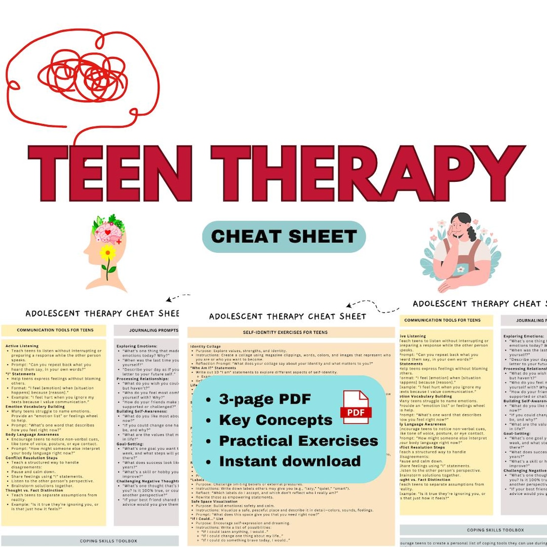 Teen Therapy Cheat Sheet, Adolescent Therapy Worksheets, Cognitive ...