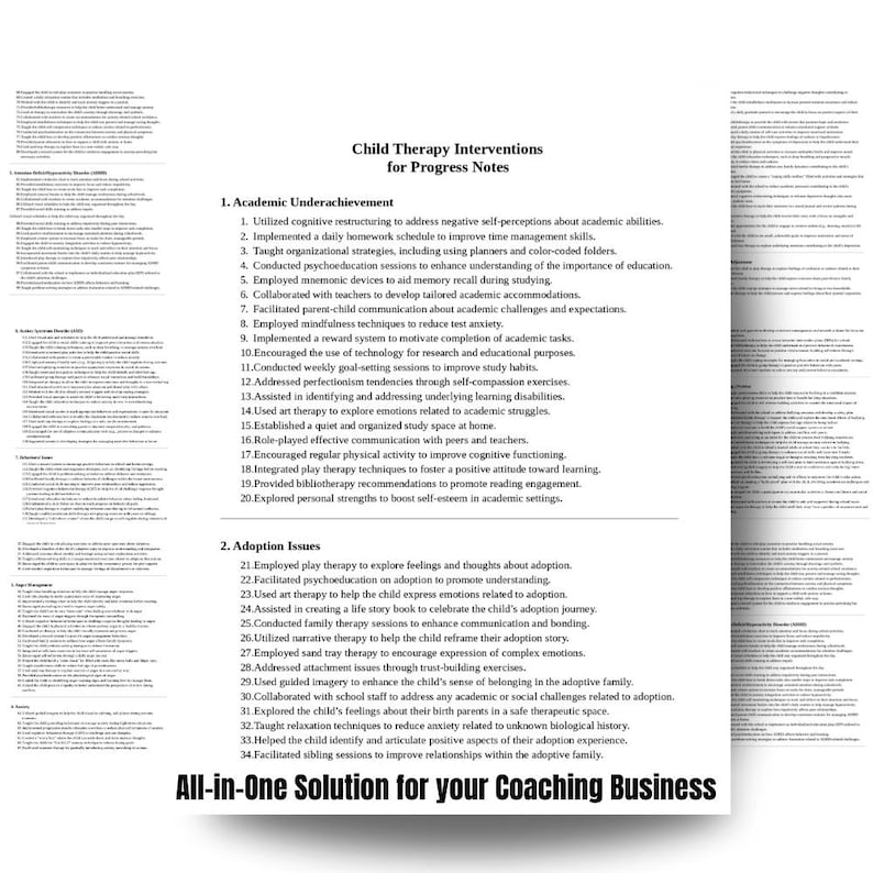 Child Therapy Interventions for Progress Notes, Therapeutic ...