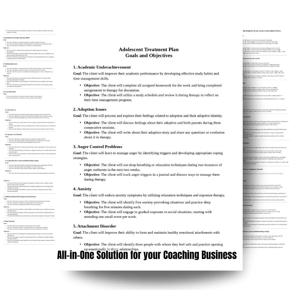 Adolescent Therapy Treatment Plan Goals and Objectives, Child Therapy ...