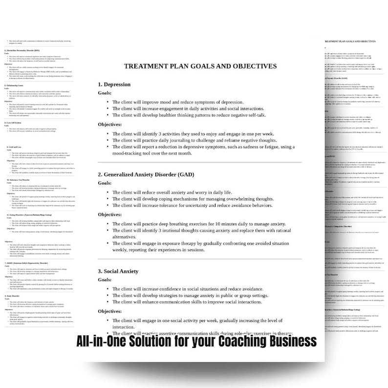 Treatment Plan Goals and Objectives, Therapy Goals and Objectives, Treatment Planning Tool ...