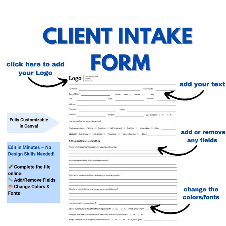 Client Intake Form, Adult Intake Form, Mental Health Intake Form ...