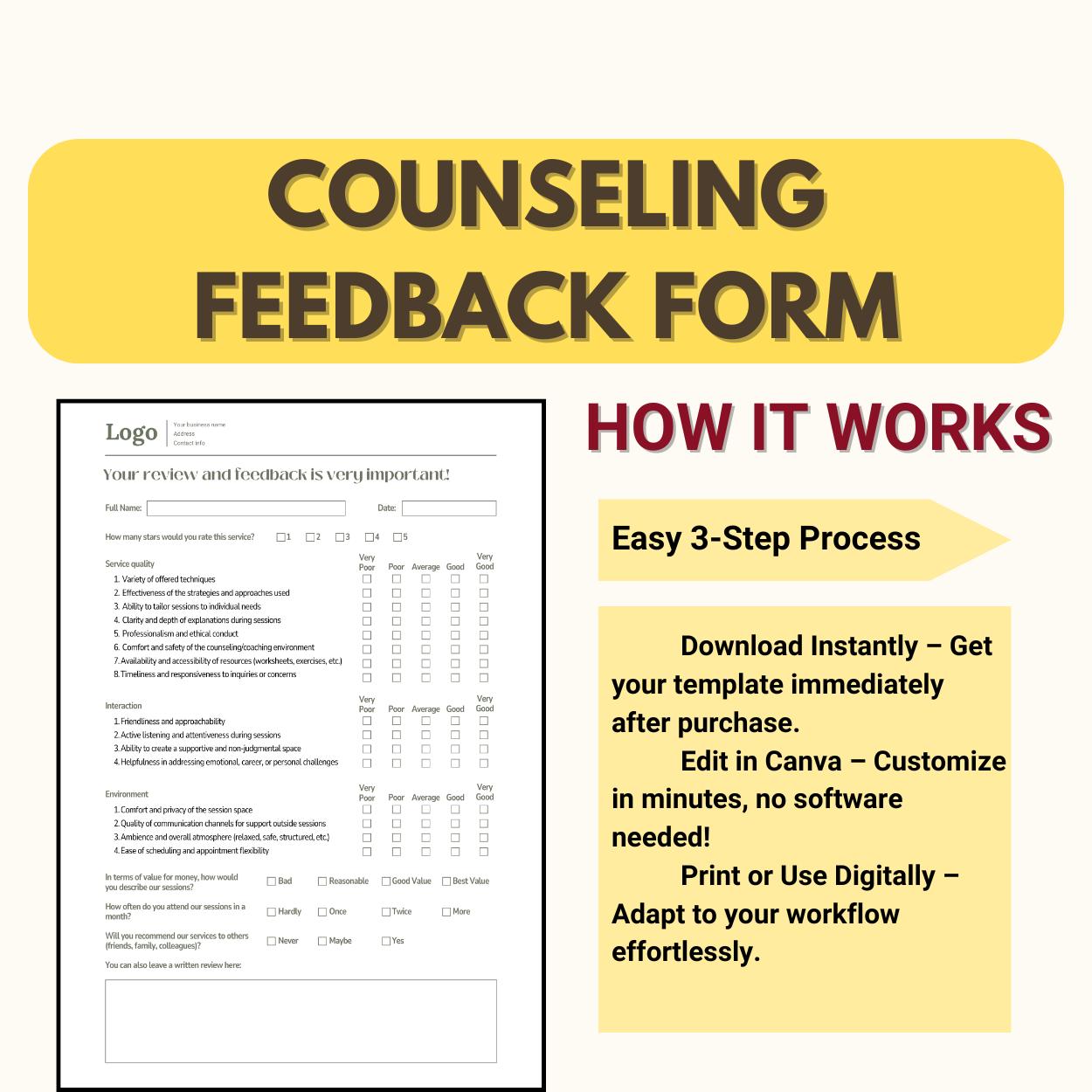 Counseling Feedback Form, Therapy Session Feedback, Client Review Form ...