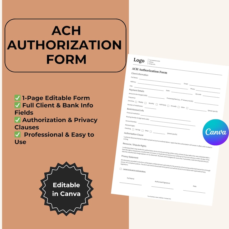ACH Authorization Form Template, Editable Canva PDF, Debit Authorization, Direct Deposit, Auto ...