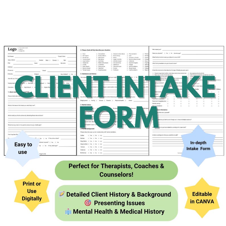 Client Intake Form, Adult Intake Form, Mental Health Intake Form ...