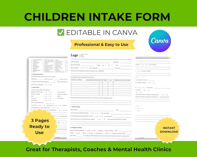 Developmental History Intake Form for Children Clients | Therapist ...
